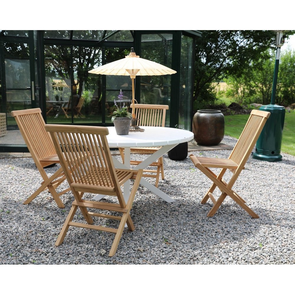 Dalom utematgrupp runt bord med 4 st Nyhamn teakstolar - Teak/Vit - Rea ...